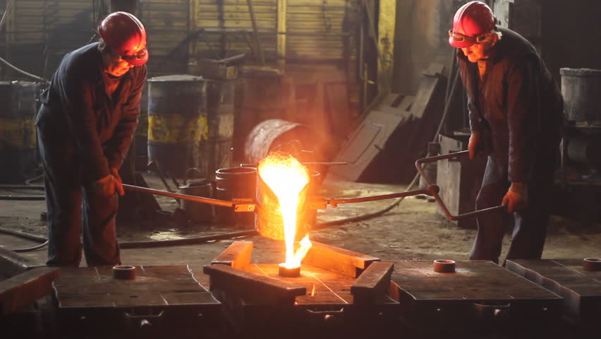 Hard Work In The Foundry, Workers Controlling Iron Smelting In Furnaces ...