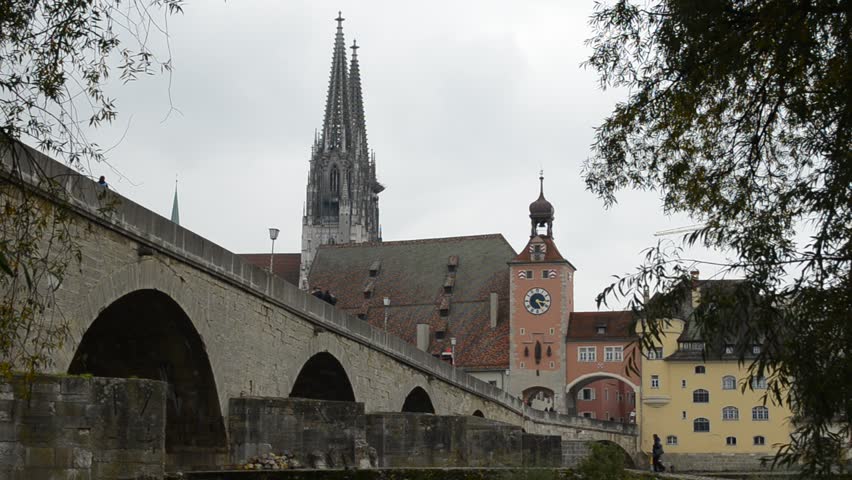 The Medieval Stone Bridge Of Regensburg, Germany Stock Footage Video ...
