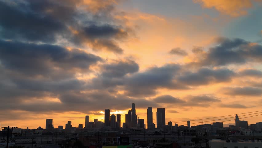 Beautiful Sunset Sun Setting Behind Downtown Los Angeles City Skyline ...
