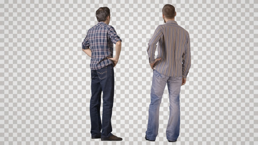 Two Young Men In Casual Standing And Talking. Back View. Footage With ...